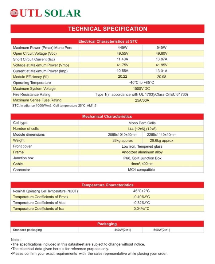 Buy UTL 540W 24V Mono PERC Solar Panel at Best Price in India
